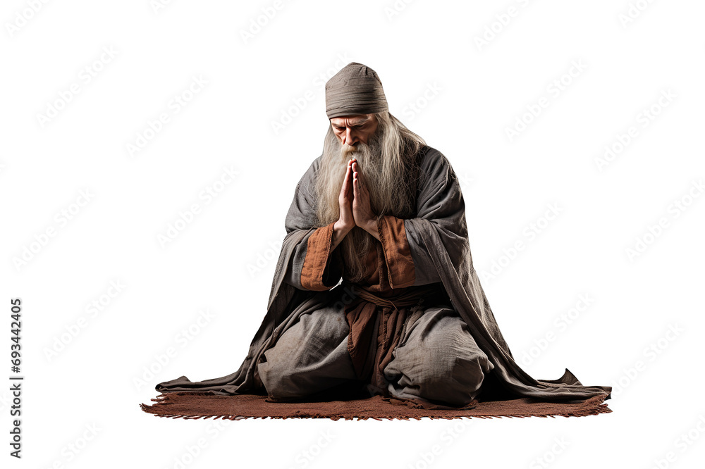 Old shaolin Monk with white beard Praying sitting on the floor on a ...