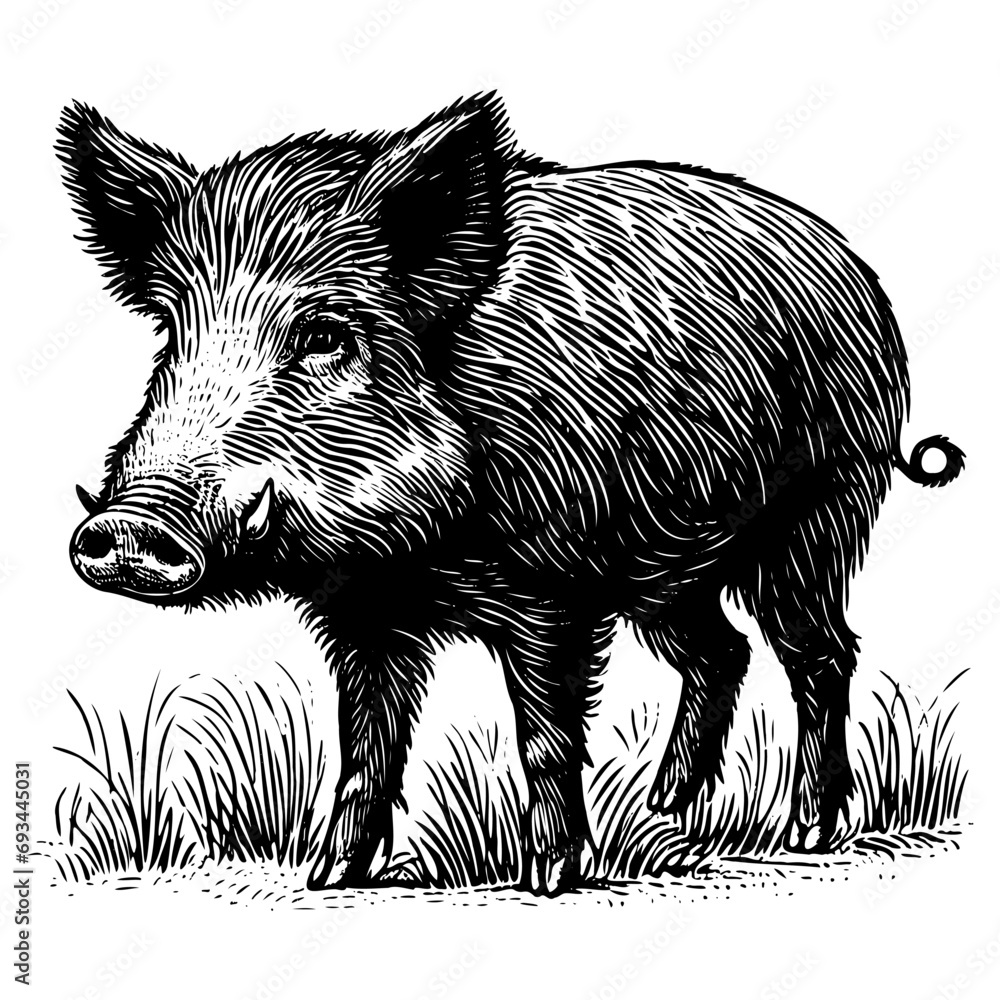 Wild boar drawn in hand sketch on an isolated background. Engraved ...