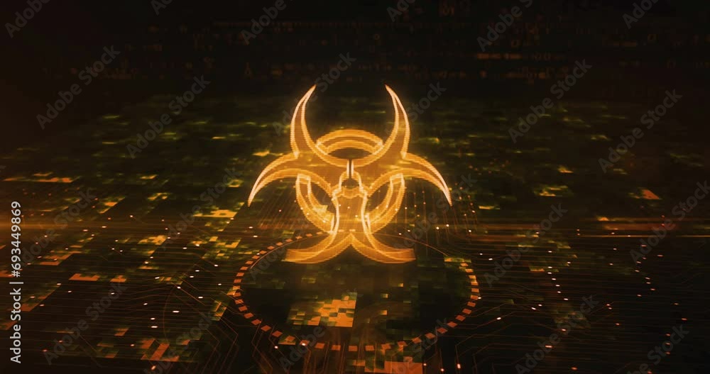 Biohazard danger alert and virus warning hologram symbol appears on a ...