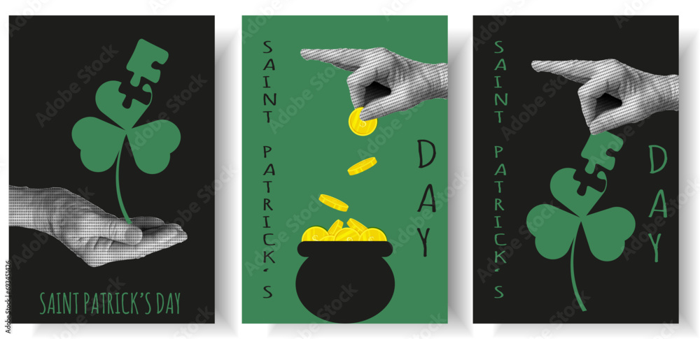 Set Saint Patrick's Day card design. 3D Halftone hand, Groovy elements ...