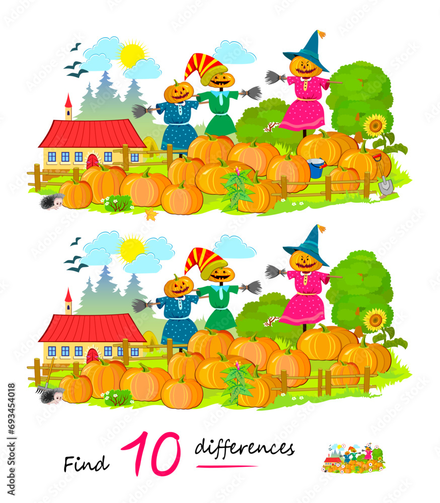 Find 10 differences. Illustration of garden scarecrows with pumpkins ...