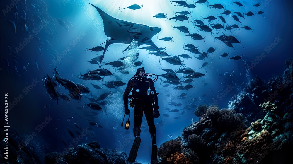 Diver observing reef manta ray Marine life underwater in blue ocean ...