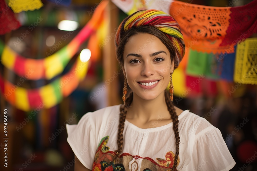 mestizo woman with asian traits wearing traditional dress for the festa ...