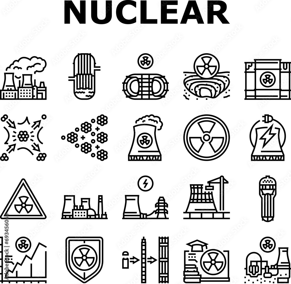 nuclear energy power plant icons set vector. station reactor, station ...