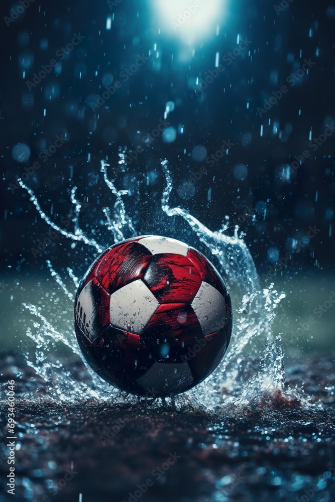 Image of a soccer ball making a splash in a puddle on the field ...