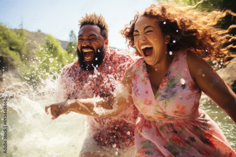 Joyful image of a plus-size couple engaged in a playful water fight ...