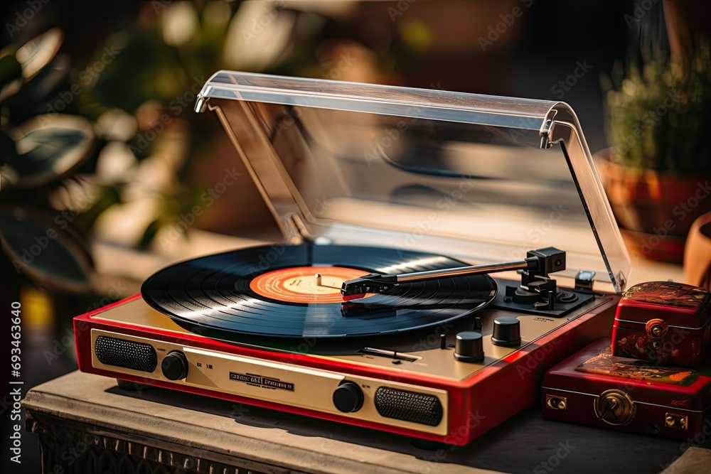 Nostalgic image of a vintage record player and vinyl records, retro ...