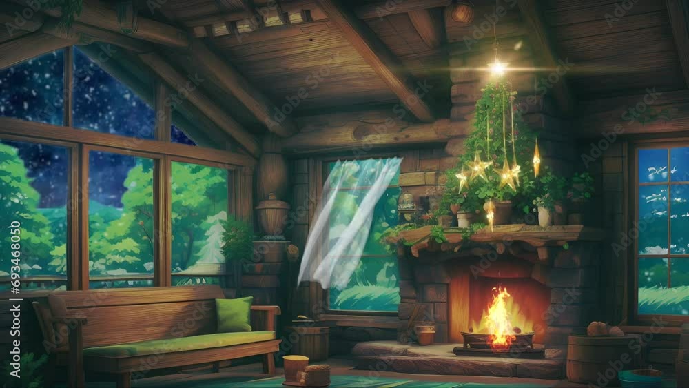 Cozy living room of a winter cabin with a lit fireplace warm throw ...