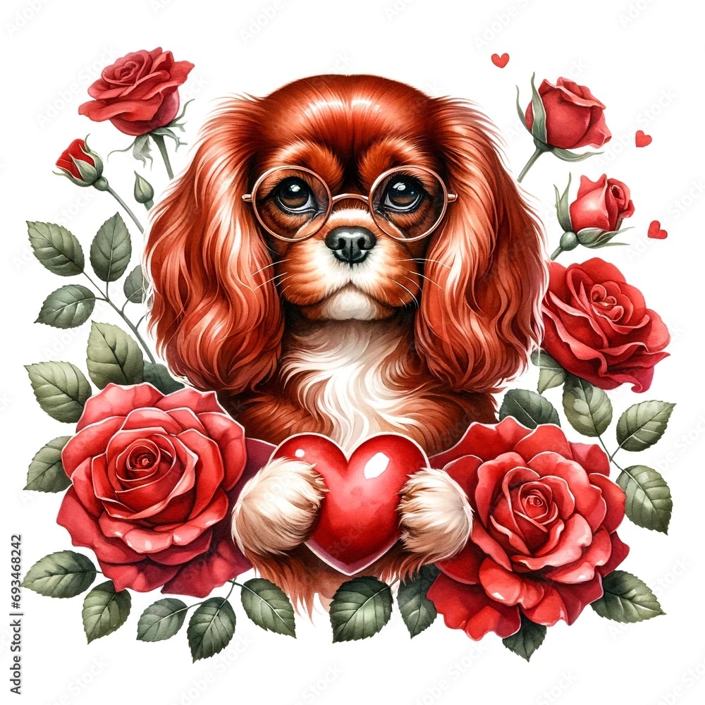 Cavalier dog holding heart in paws watercolour illustration created ...