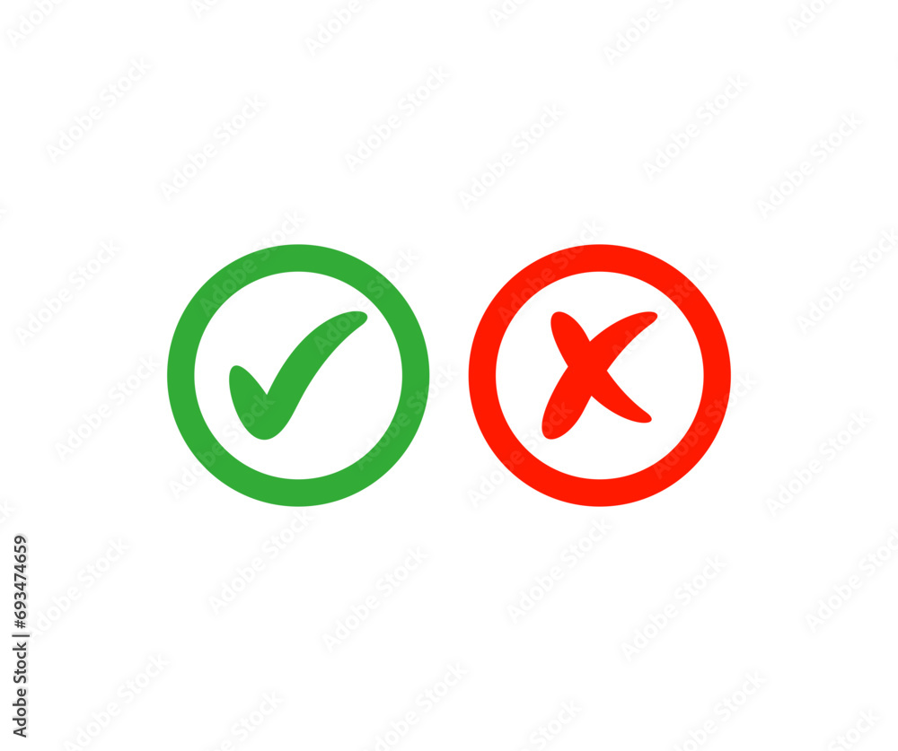 Green approval check mark and red cross icons in circle. Checklist signs, flat checkmark ...