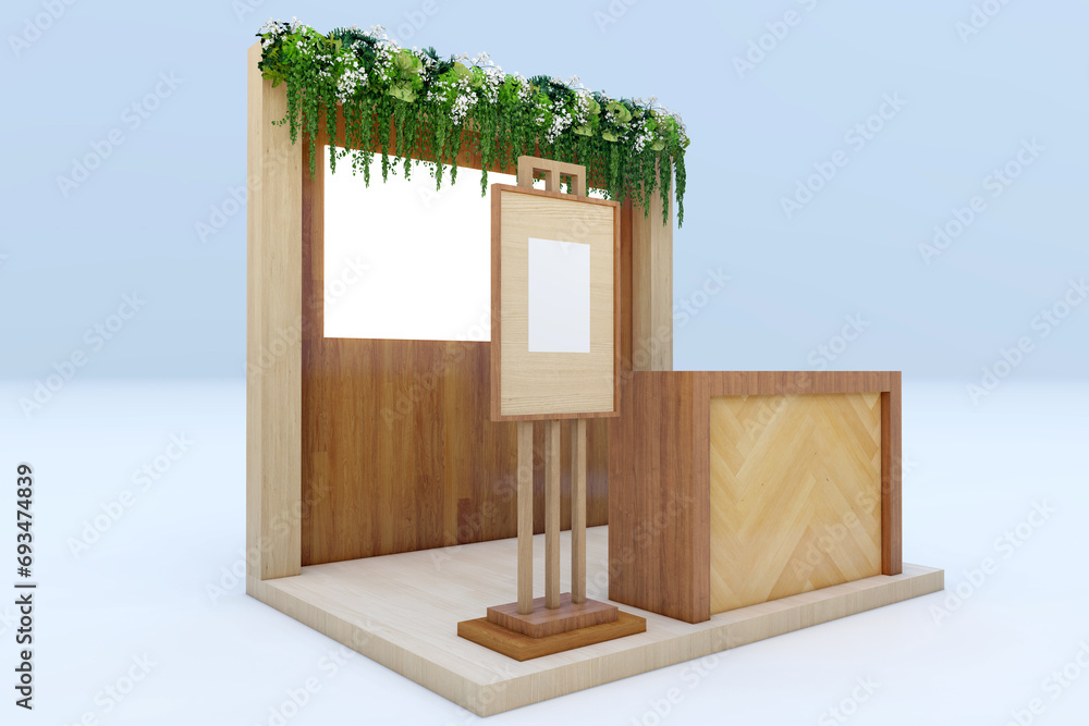 3d illustration stand booth with standing display poster frame portable ...