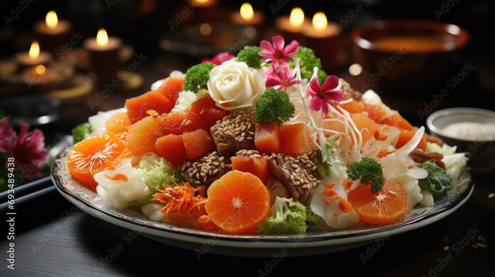 festive Chinese New Year table, yu-sheng salad, fried fish, rice ...