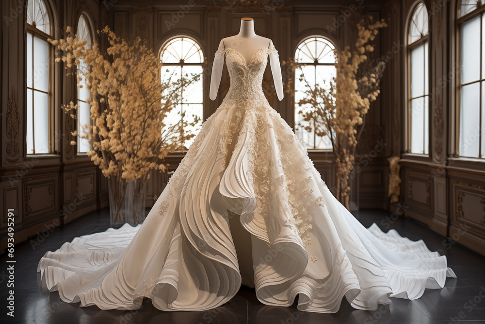 design of a white and gold wedding dress on a mannequin in a decorated ...