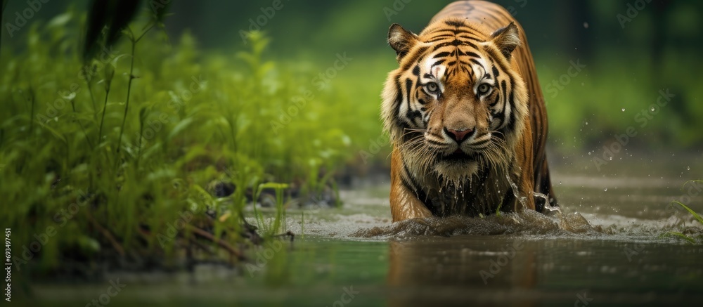Bengal tiger emerges from forest during monsoon at Sundarban Tiger ...