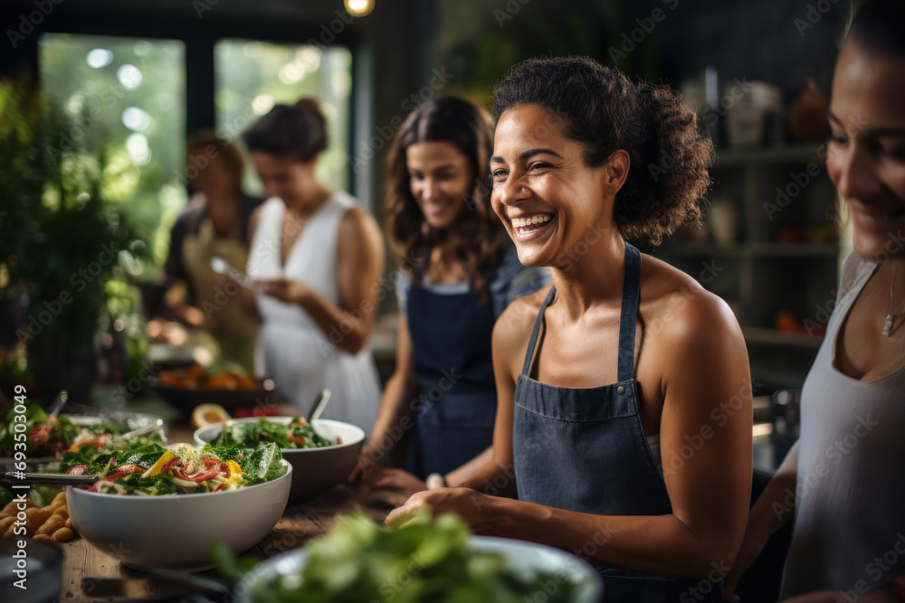 A diverse group engaged in a community cooking class, fostering ...