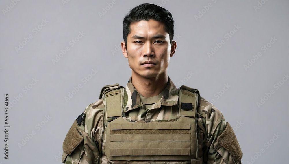 Asian male military soldier with a focused expression, wearing ...