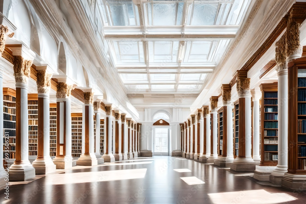 bright white empty library hallway with skylight and lights hanging in ...