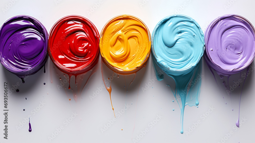 Samples with multi-colored paints in jars on a white table, choice of ...