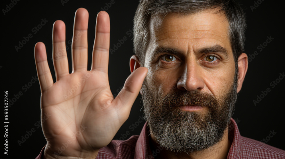 Man with his hand raised in a stop sign. Portrait of middle aged man ...