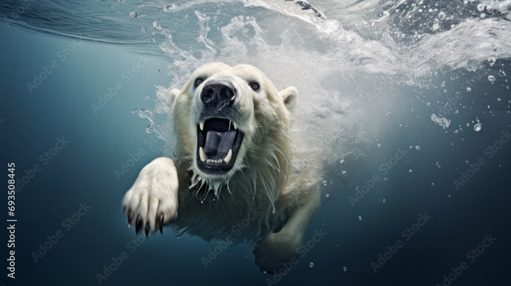 Polar bear jump into a water. Underwater photography. Animal dive into ...