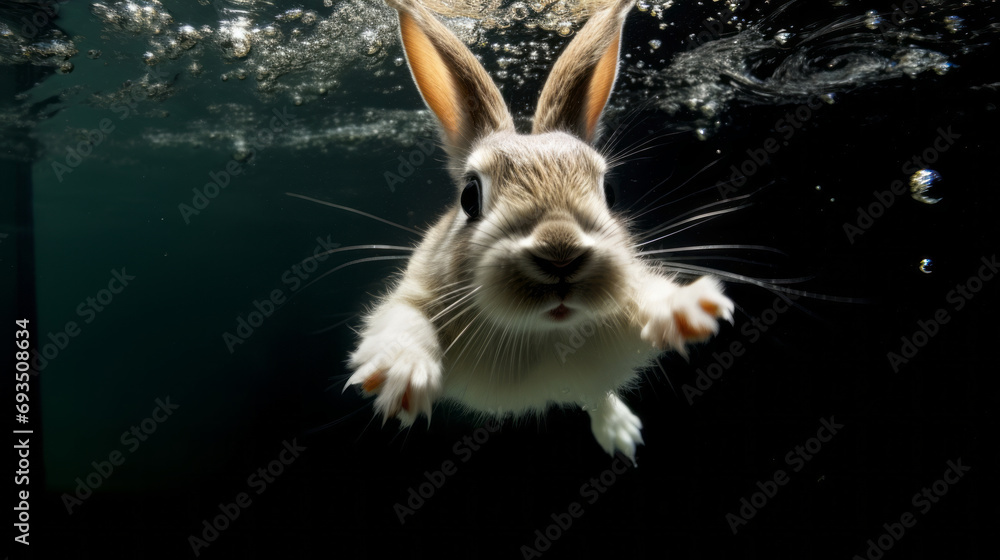Rabbit jump into a water. Underwater photography. Animal dive into the ...