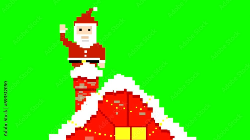 Animated Christmas scene in pixel art style with a Santa Claus waving his hand inside the ...