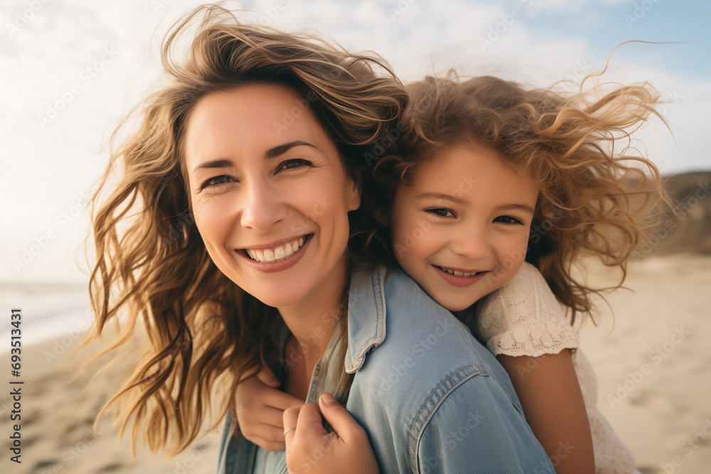 smiling mother and beautiful daughter having fun on beach, portrait ...
