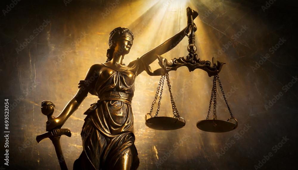 Closeup of the bronze statue of Themis, blindfolded goddess of justice ...