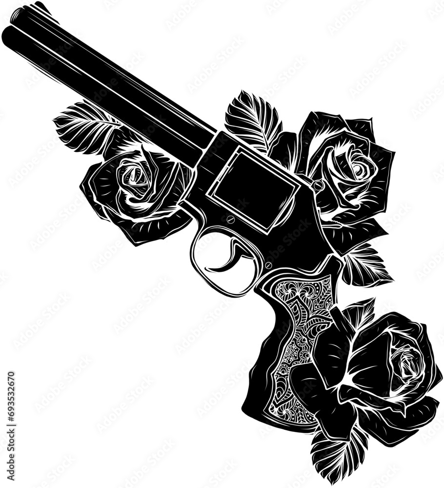 black silhouette of Revolver with rose isolated on white เวกเตอร์สต็อก ...