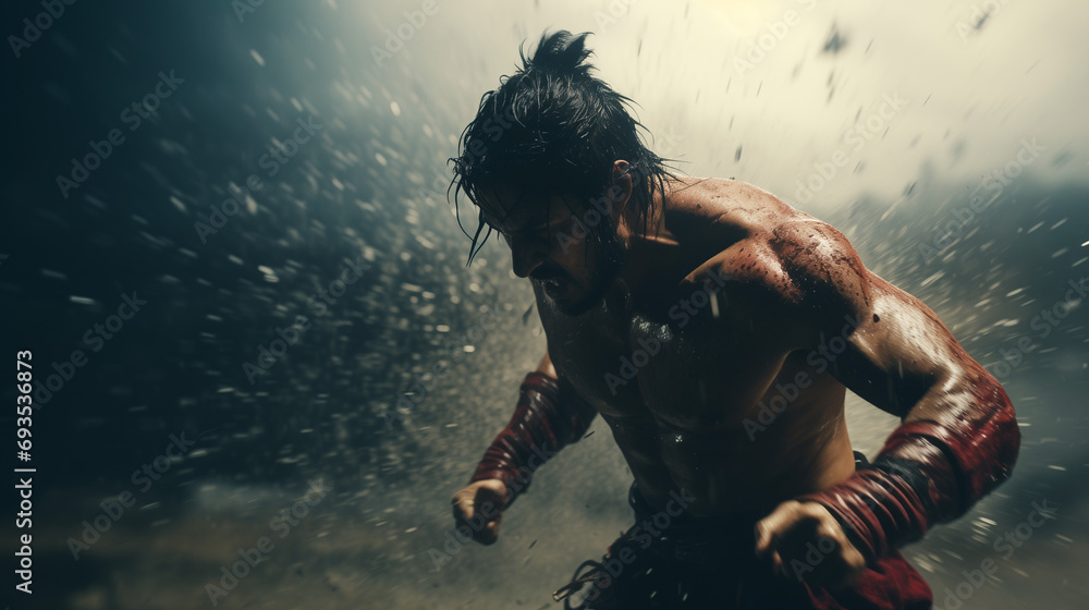 Tenacious fighter training for combat. Muscular man exercising punches ...