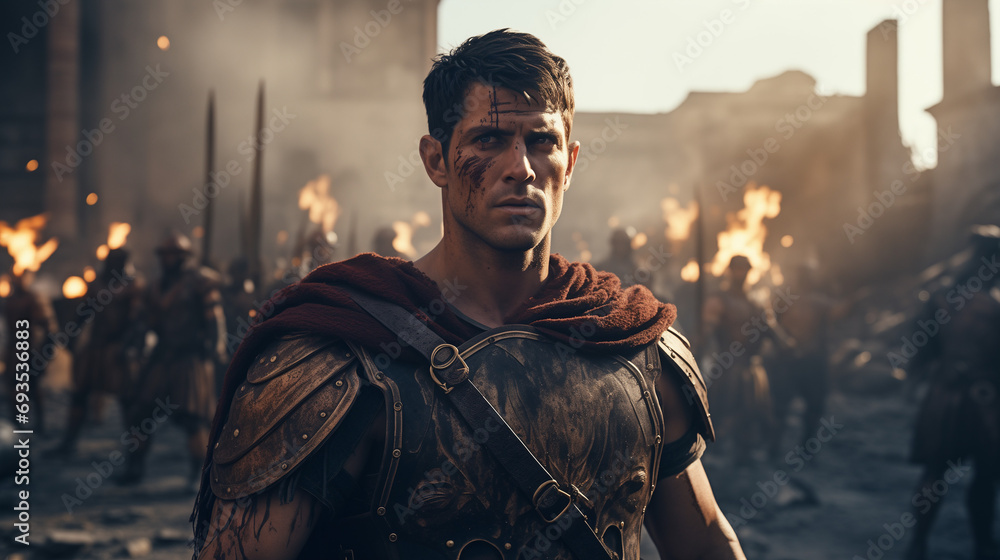 Roman soldier in war, dirty and defeated by the fall of the empire ...