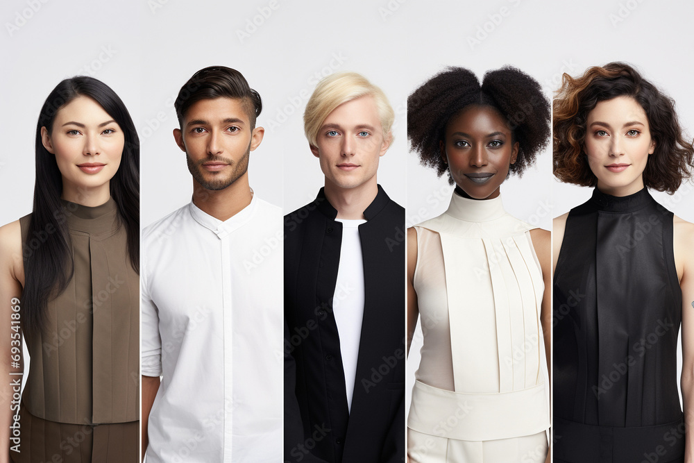 Different races are happily posing side by side in front of a white ...