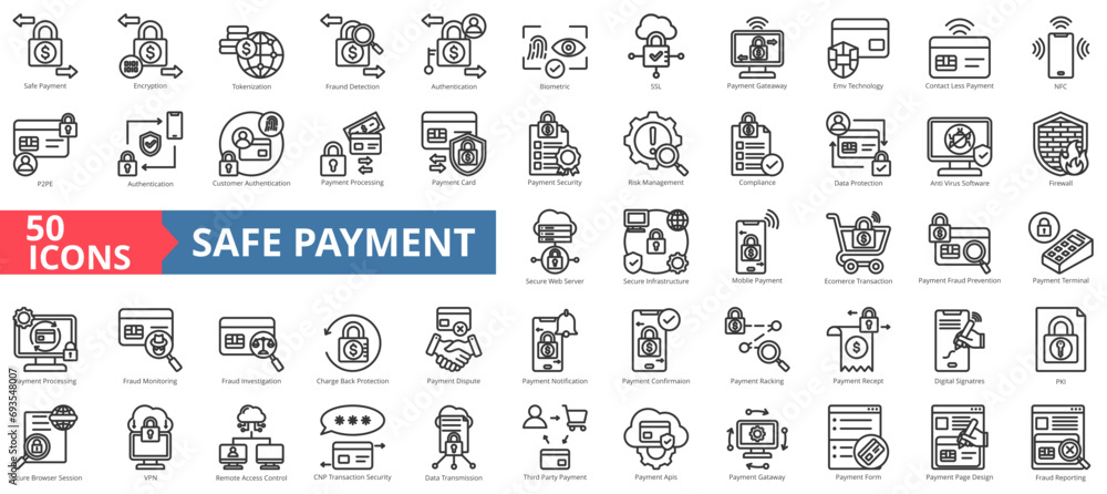Safe payment icon collection set. Containing encryption,tokenization ...