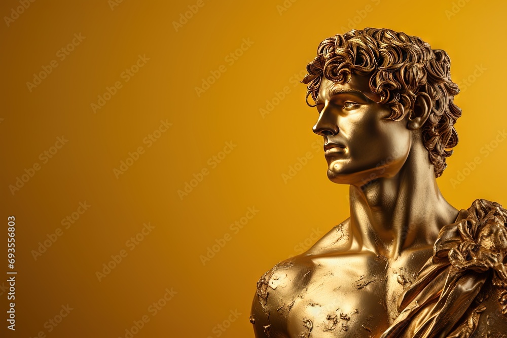 A beautiful ancient gold greek, roman stoic male statue, sculpture on a ...