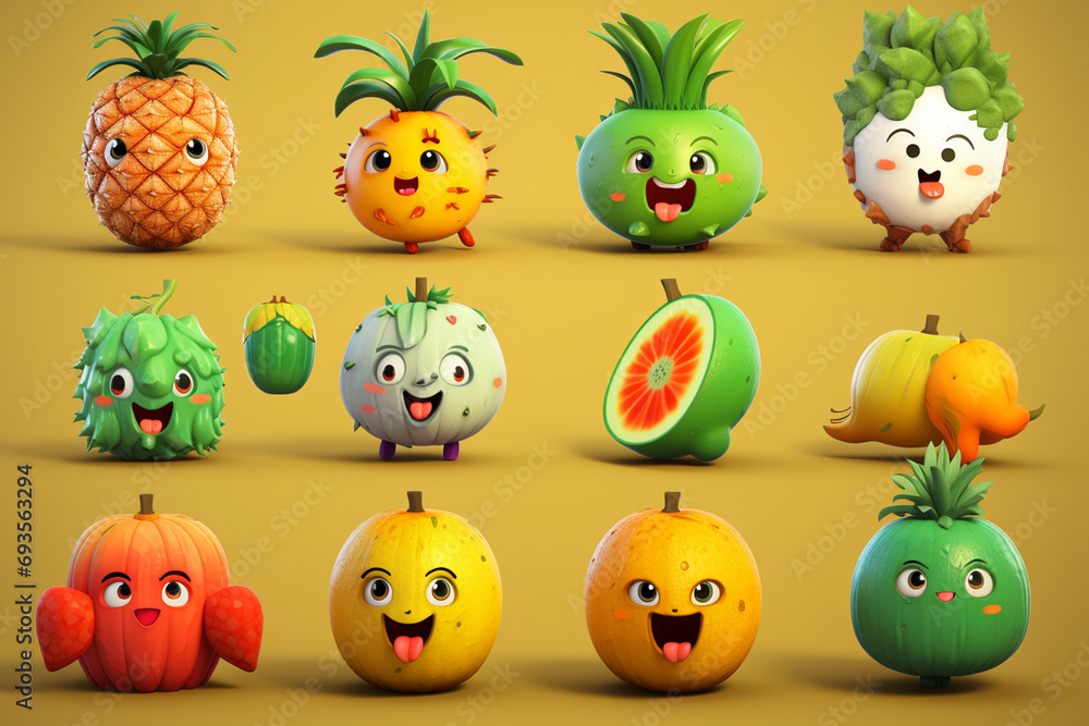 Vegetables and fruits in a new light as funny, stylized sketch cartoon ...