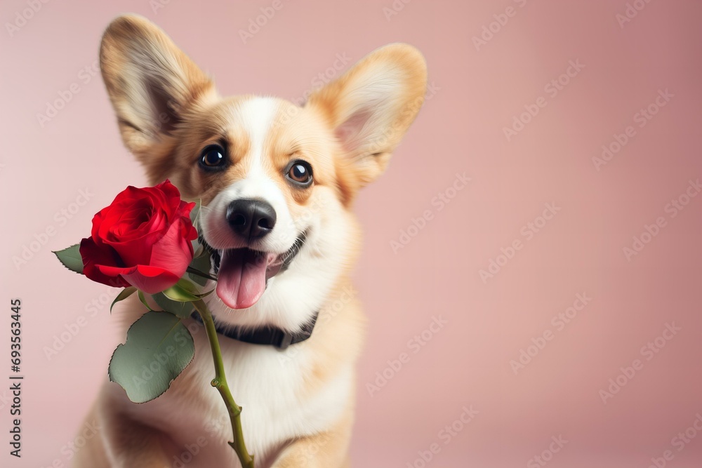 Valentines Day card with cute corgi dog with a beautiful red rose on a ...