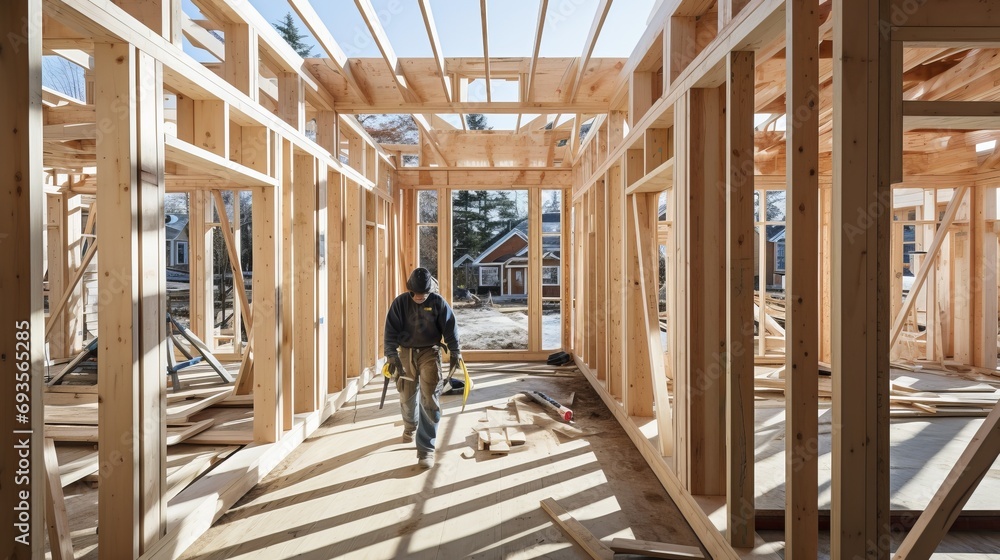 Phased installation of wooden house frame with workers installing racks ...
