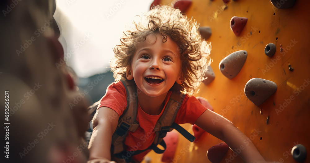 Child Bouldering, boy climbing up the wall, rock climber trains on the ...