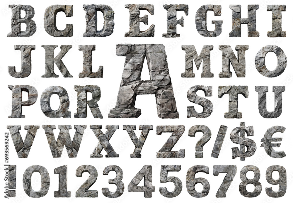 3D letters and numbers roughly carved into granite. Ultra-realistic ...