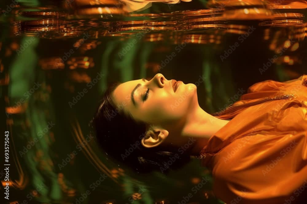 Woman dreaming in cyberpunk cryo chamber in amber liquid fluid ...