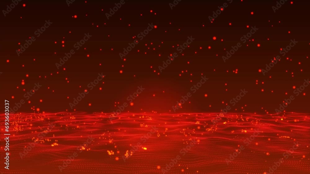 Abstract Hi-Tech bouncing red particles background. Red sphere particles are falling, bouncing ...