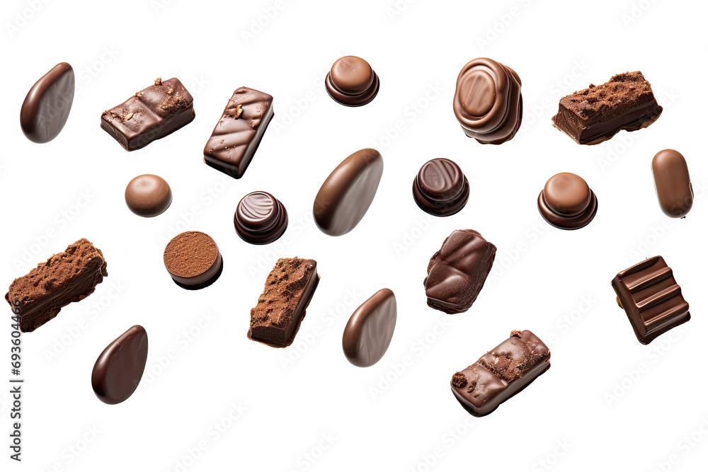 Various types of chocolate falling with choc flake in the air isolated ...