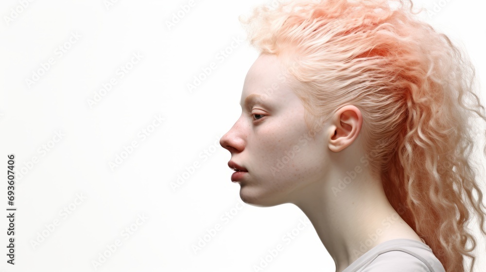 Full head posture profile view of beauty skin albino female woman no ...