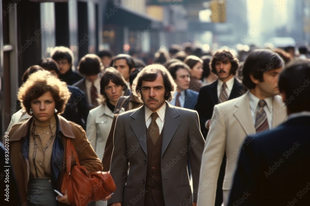 Crowd of people walking street in 1970s Stock Photo | Adobe Stock