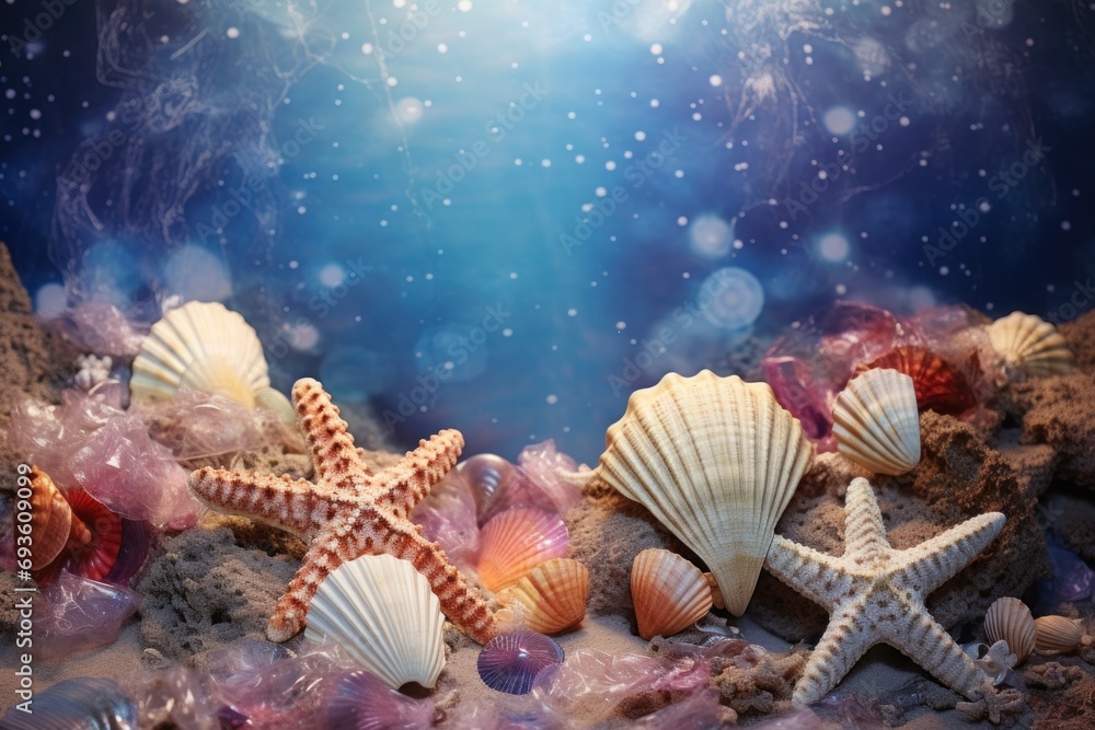 Starfish and various seashells macro background. Sshells have different ...