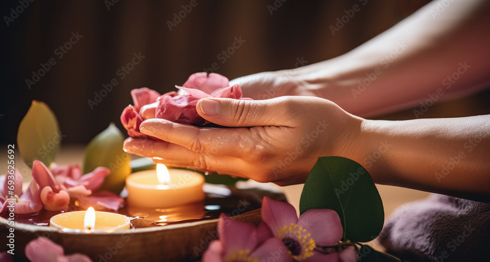 Human hands hold petals over a water bath with floating candles and ...