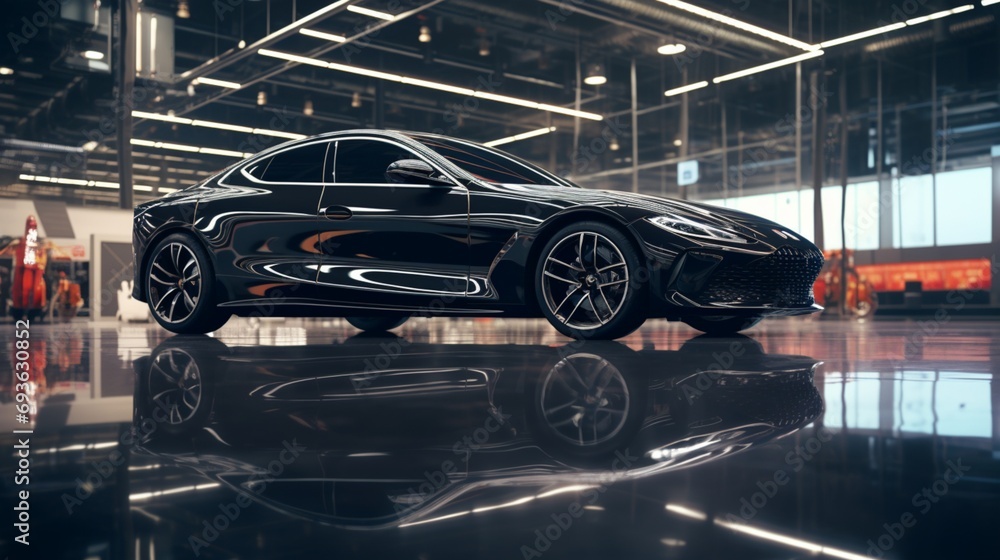a black luxury car in a dealership, with a focus on the glossy ...