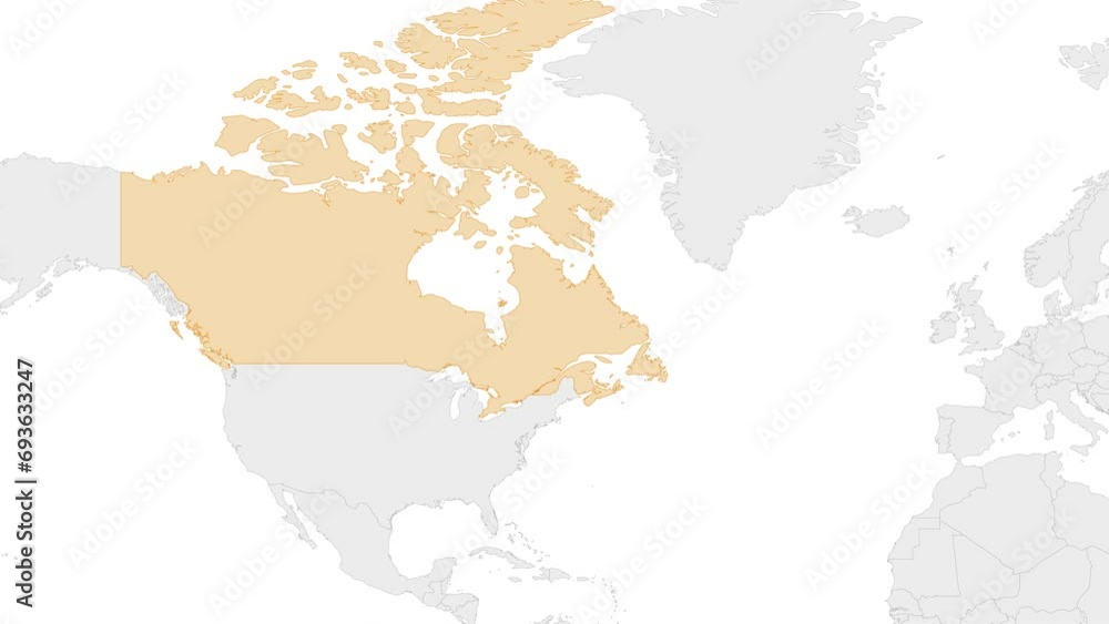 Animation of Canada country map on the world map. Animation of map zoom ...