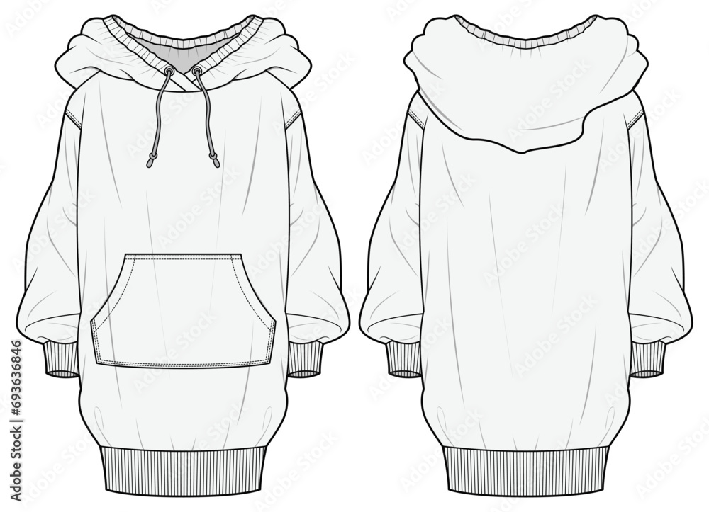 Rib Hem Drop Shoulder Oversize long Hoodie Front and Back View. Fashion ...