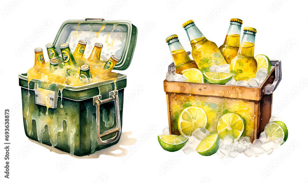 Cooler with beer, watercolor clipart illustration with isolated ...